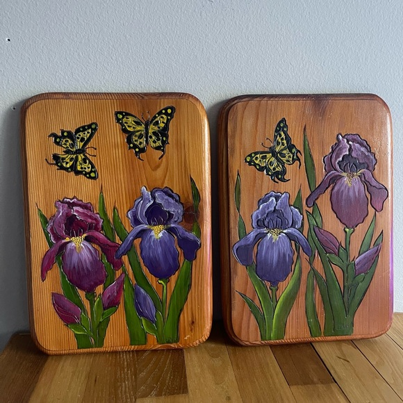 Accents | Vintage Set Of Hand Painted Floral Butterfly Wooden Plaques ...